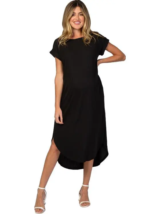PINKBLUSH Ribbed Curved Hem Midi Dress - Black