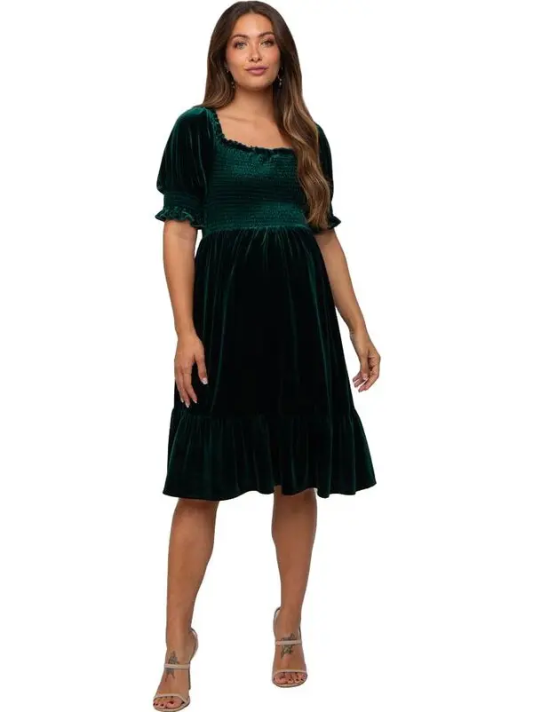PINKBLUSH Velvet Smocked Puff Sleeve Dress - Forest Green