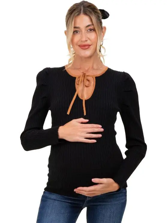PINKBLUSH Ribbed Knit Cutout Tie Front Top - Black