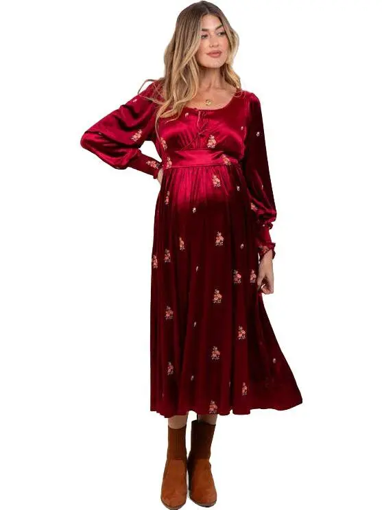 PINKBLUSH Velvet Embroidered Floral Maternity Midi Dress - Red