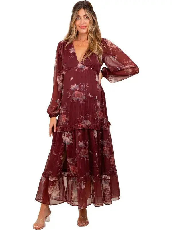 PINKBLUSH Floral Chiffon V-neck Maxi Dress - Burgundy