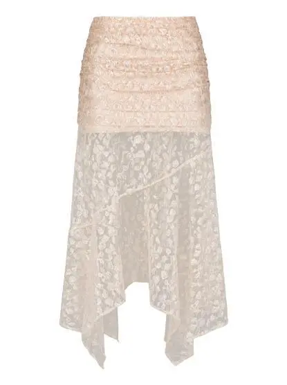 SAEMDI Metallic Lace Asymmetric Skirt - Metallic Beige
