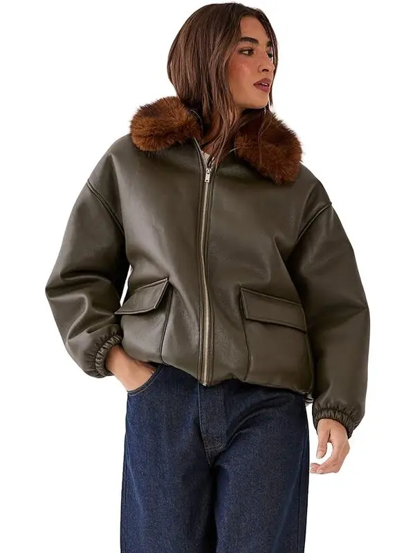 Nasty Gal Faux Fur Collar Oversized Bomber Jacket - Khaki
