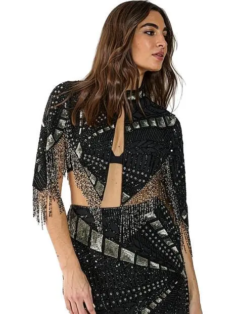 Nasty Gal Paneled Sequin Tassel Cape - Black