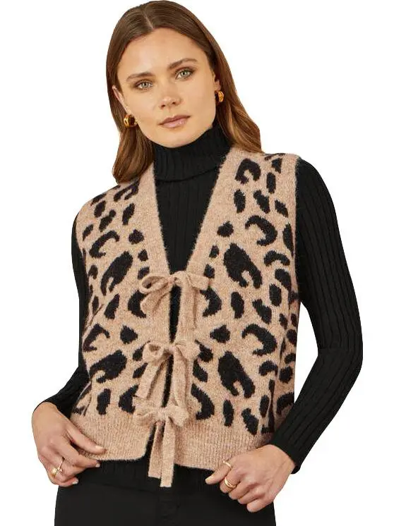 YUMI Knitted Cheetah Print Tie Waistcoat - Beige