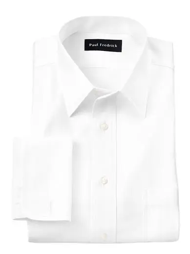 PAUL FREDRICK Non-iron Cotton Herringbone Point Collar French Cuff Dress Shirt - White