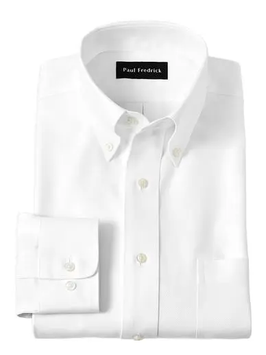 PAUL FREDRICK Non-iron Cotton Herringbone Button Down Collar Dress Shirt - White