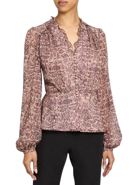 Santorelli Lana Paisley Printed Georgette Long Sleeve Ruffle Top - Dusty Lilac Multi