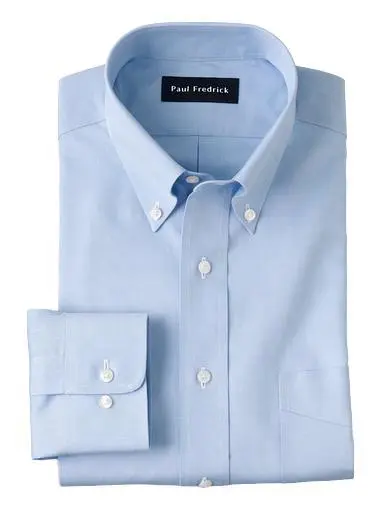 PAUL FREDRICK Slim Fit Non-iron Cotton Pinpoint Solid Button Down Collar Dress Shirt - Blue