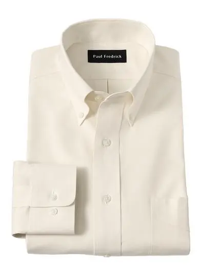 PAUL FREDRICK Slim Fit Non-iron Cotton Pinpoint Solid Button Down Collar Dress Shirt - Ecru