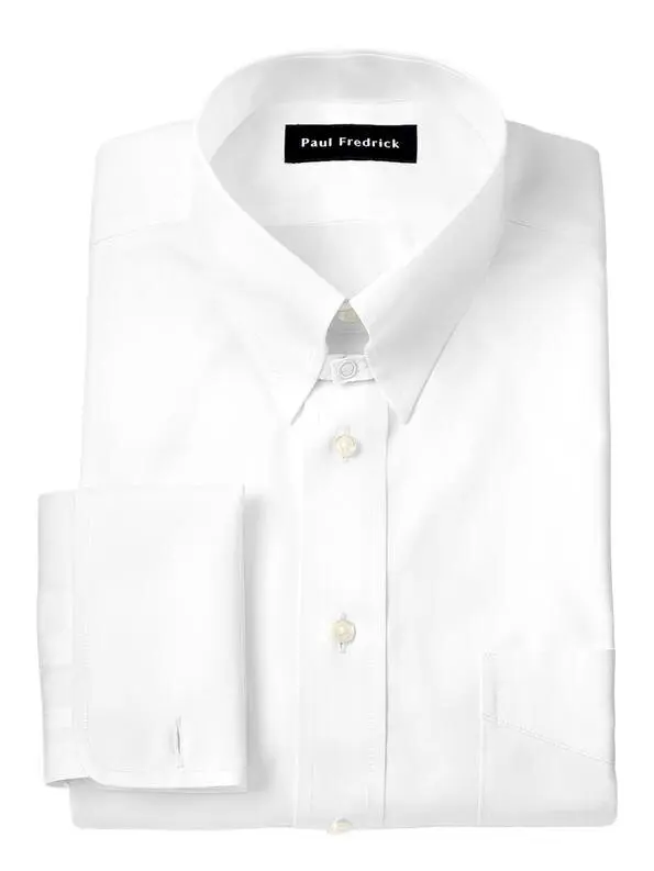 PAUL FREDRICK Non-iron Cotton Pinpoint Solid Snap Tab Collar French Cuff Dress Shirt - White