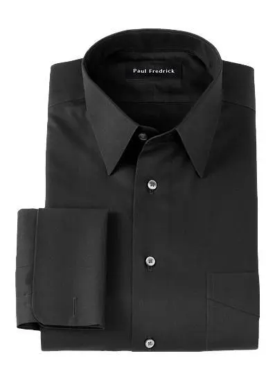 PAUL FREDRICK Non-iron Cotton Pinpoint Solid Point Collar French Cuff Dress Shirt - Black