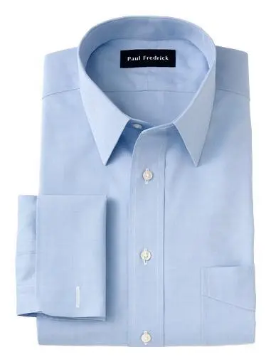 PAUL FREDRICK Non-iron Cotton Pinpoint Solid Point Collar French Cuff Dress Shirt - Blue