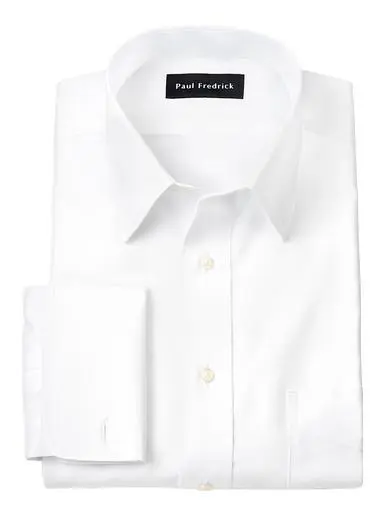 PAUL FREDRICK Non-iron Cotton Pinpoint Solid Point Collar French Cuff Dress Shirt - White