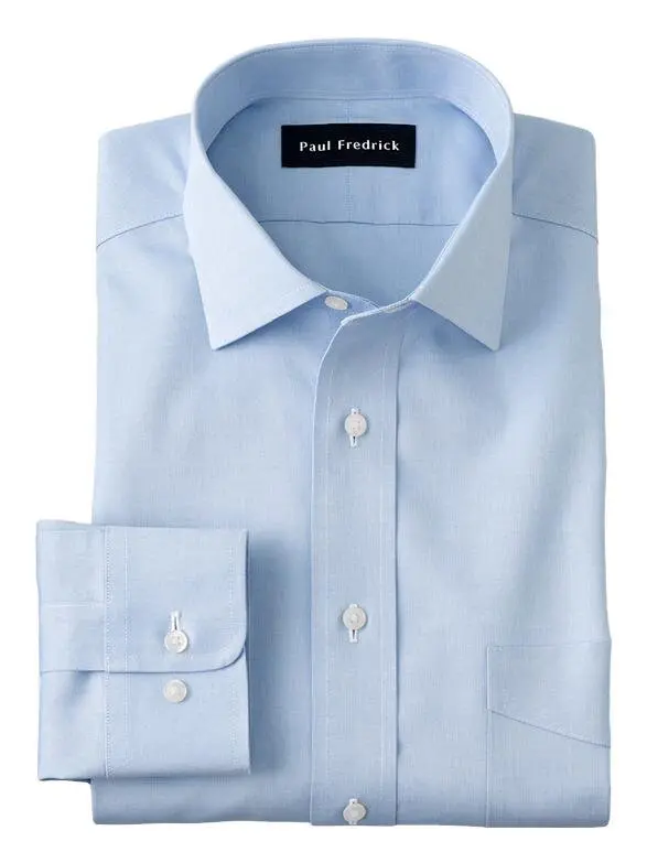 PAUL FREDRICK Non-iron Cotton Pinpoint Solid Spread Collar Dress Shirt - Blue