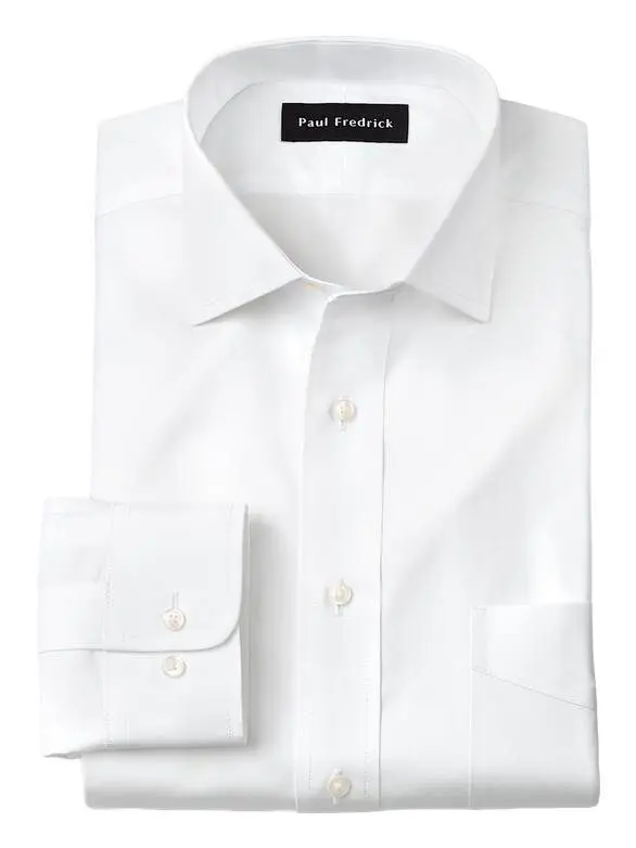 PAUL FREDRICK Non-iron Cotton Pinpoint Solid Spread Collar Dress Shirt - White