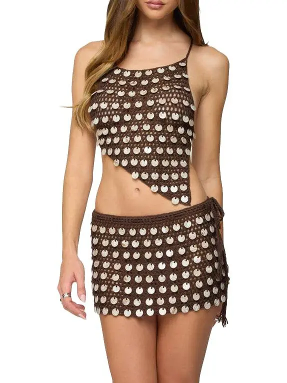 EDIKTED Alora Paillette Asymmetric Crop Top - Brown