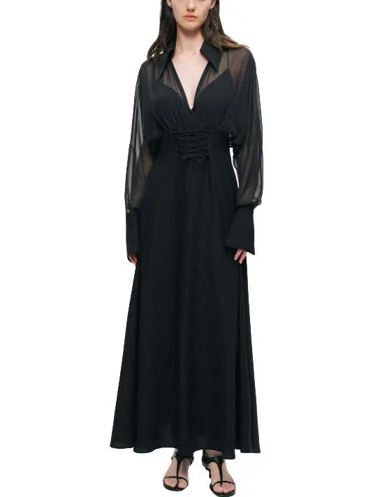 NOCTURNE Sheer Lace-up Waist Maxi Shirt Dress - Black