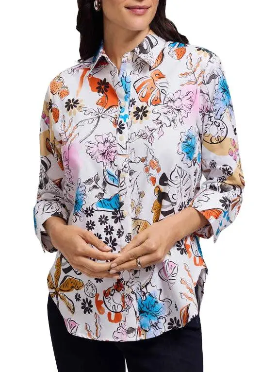 Foxcroft Watercolor Print Cotton Button-up Shirt - White/orange Multi