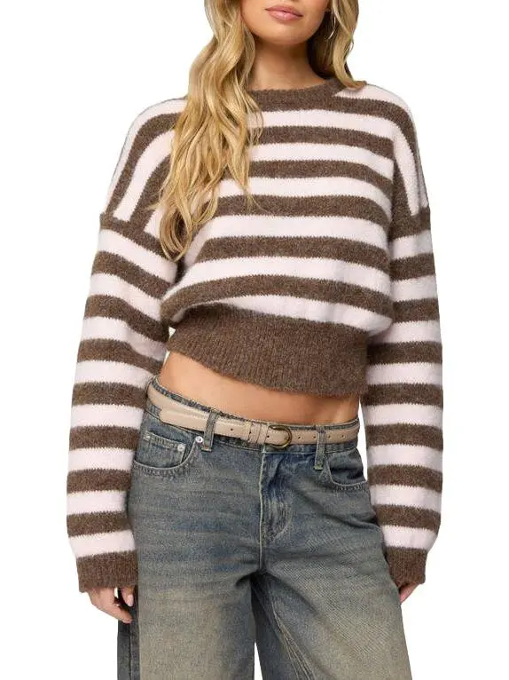 EDIKTED Penelope Fuzzy Stripe Crop Sweater - Brown-and-pink