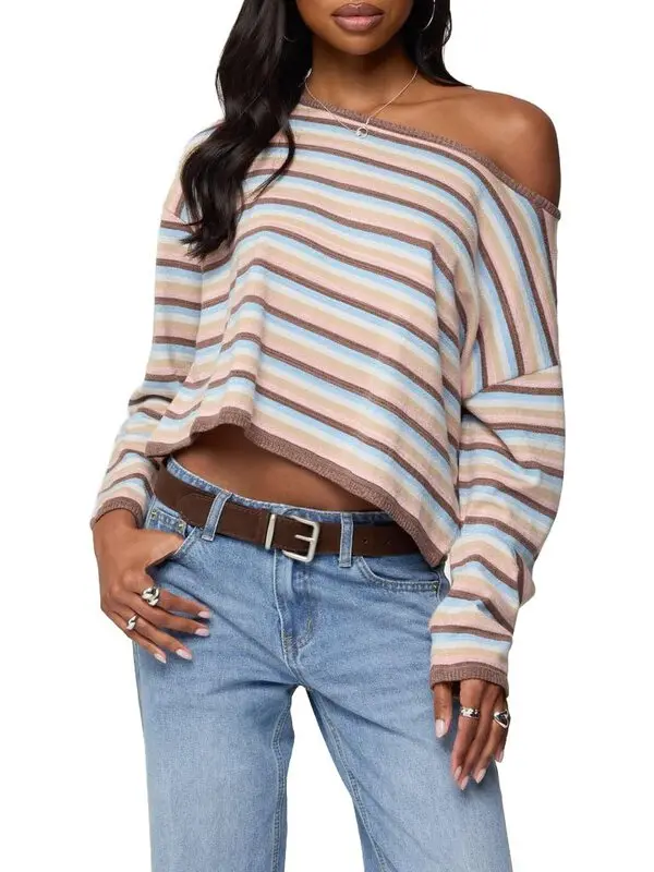 EDIKTED Alexis Stripe Off-the-shoulder Long-sleeve Top - Mix