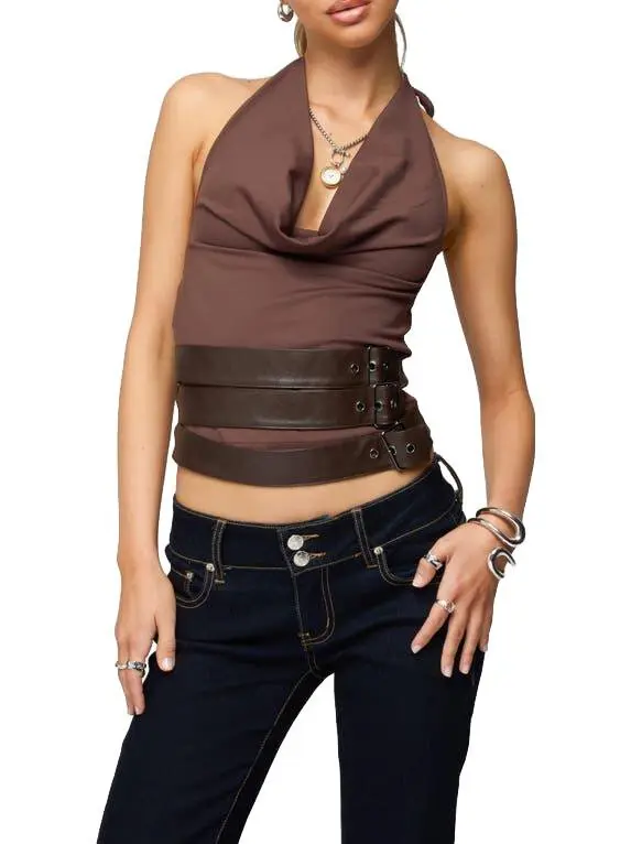 EDIKTED Buckle Halter Neck Top - Brown
