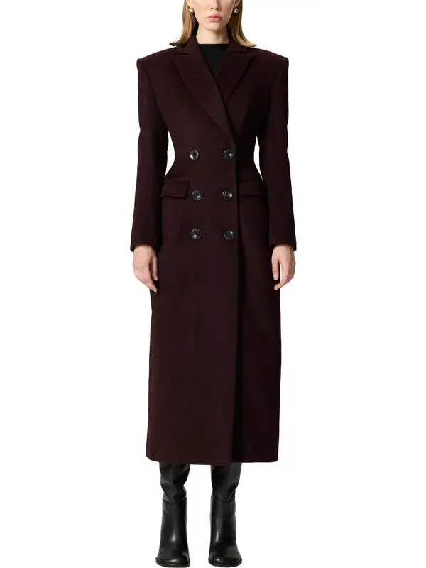 NOCTURNE Tailored Double-breasted Maxi Coat - Burgundy