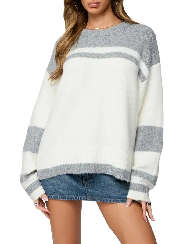 EDIKTED Oversized Stripe Sweater - Gray-and-white