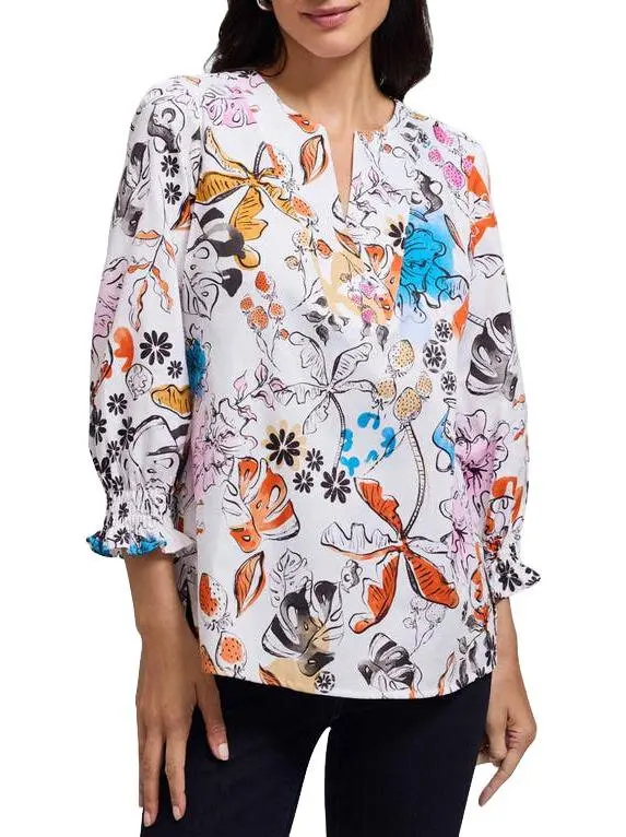 Foxcroft Floral Cotton Popover Top - Orange Multi
