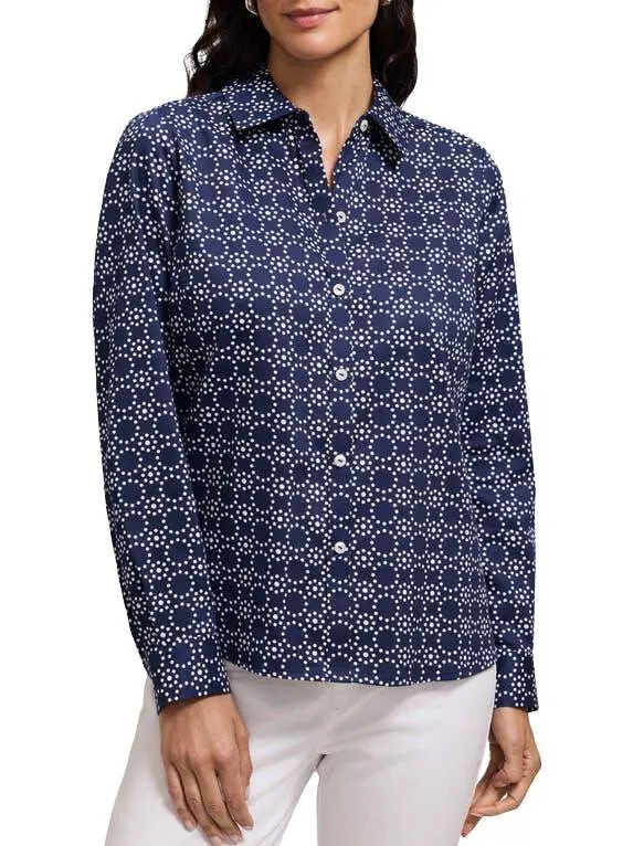 Foxcroft Hampton Geo Print Cotton Button-up Shirt - Navy Blue/white