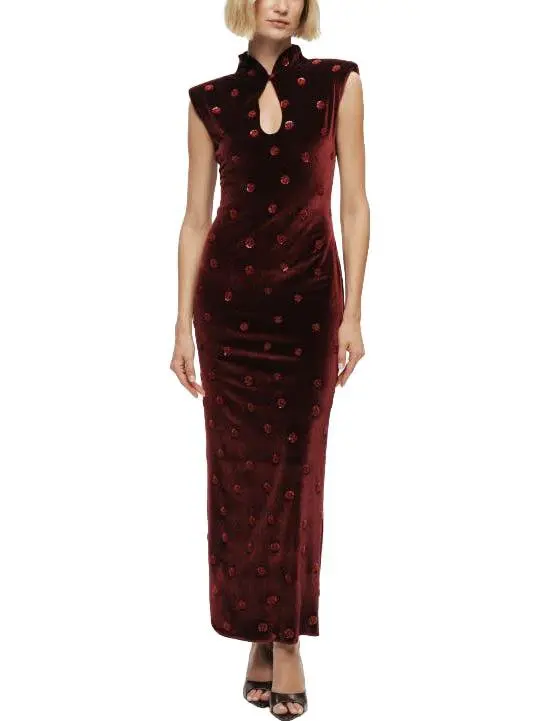 NOCTURNE Fitted Velvet Column Midi Dress With Rosette Motifs - Burgundy