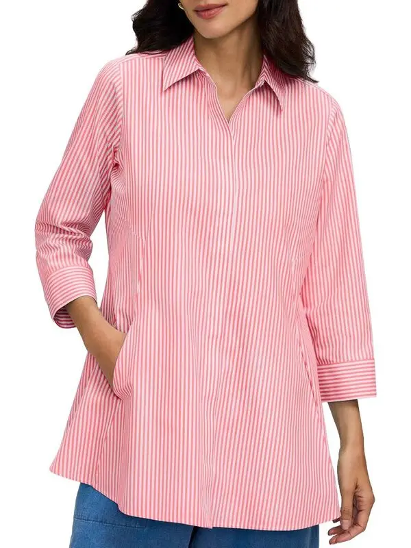Foxcroft Cotton Stripe Tunic Shirt - Coral Reef Red