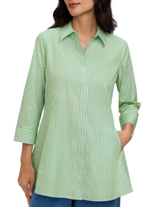 Foxcroft Cotton Stripe Tunic Shirt - Mojito Green/white