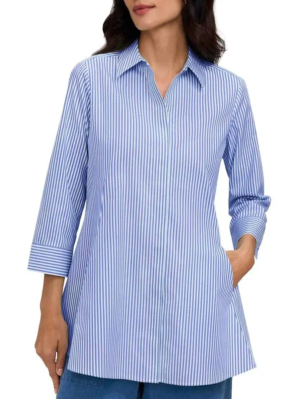Foxcroft Cotton Stripe Tunic Shirt - Powder Blue/white