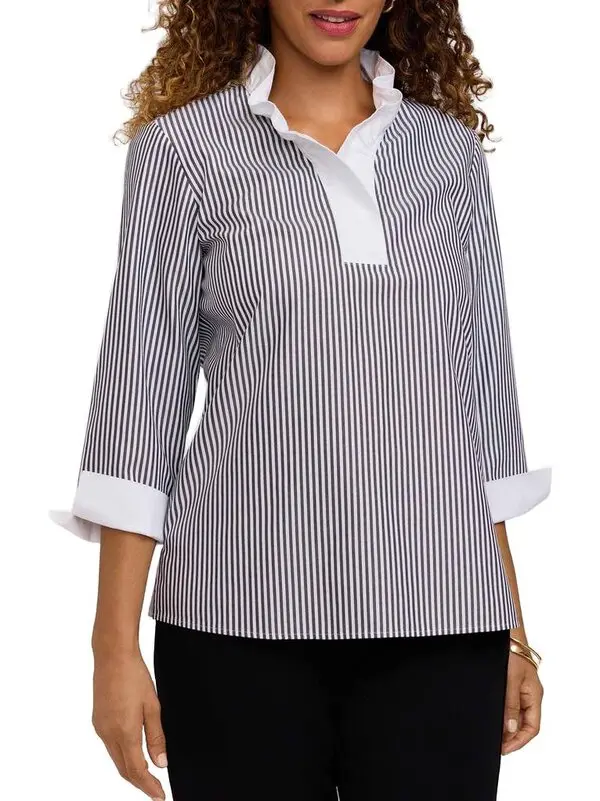 Foxcroft Tammy Ruffle Collar Cotton Top - Black/white