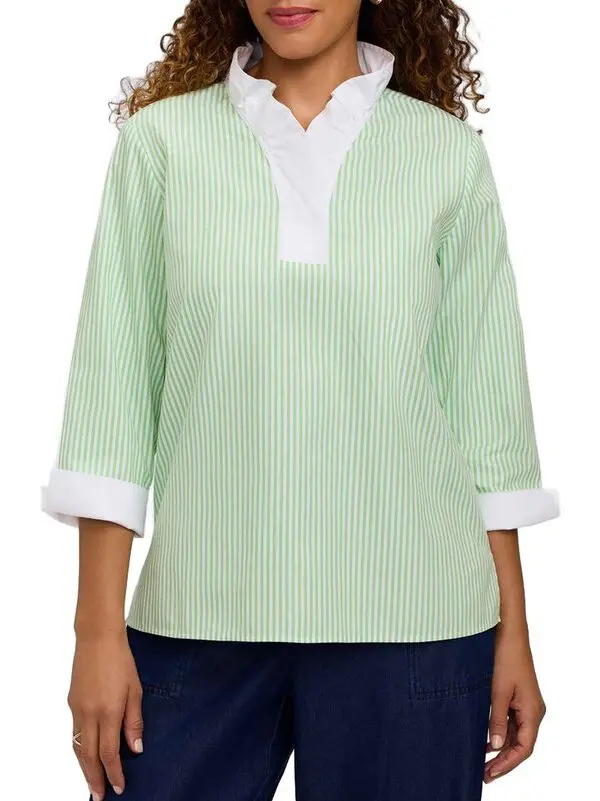 Foxcroft Tammy Ruffle Collar Cotton Top - Mojito Green/white
