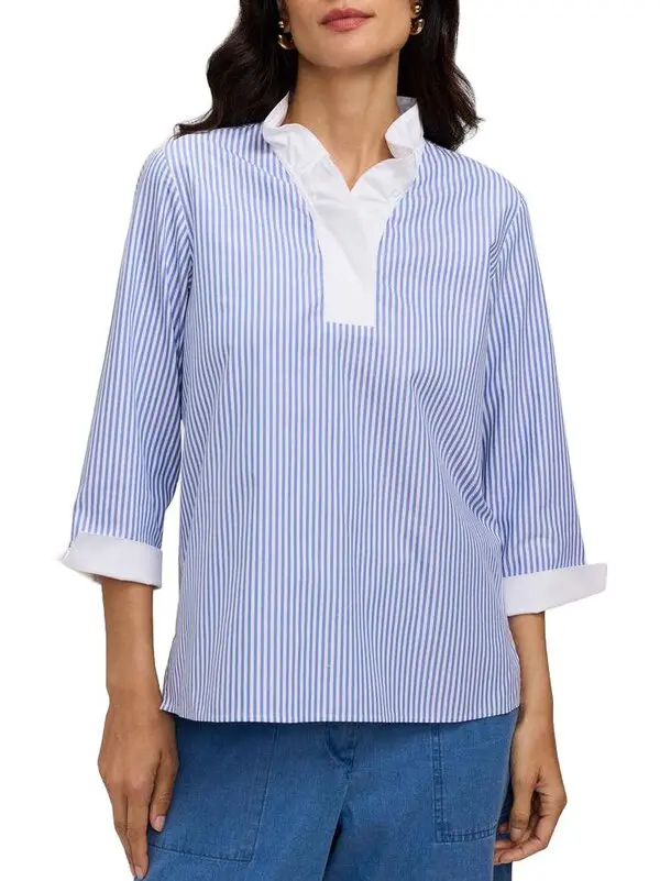Foxcroft Tammy Ruffle Collar Cotton Top - Powder Blue/white
