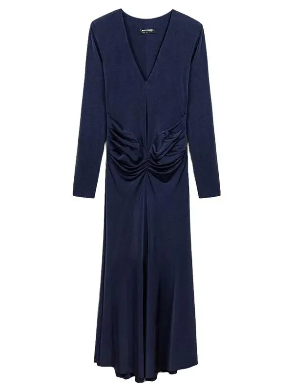 NOCTURNE Ruched Waist Long-sleeve Maxi Dress - Navy Blue