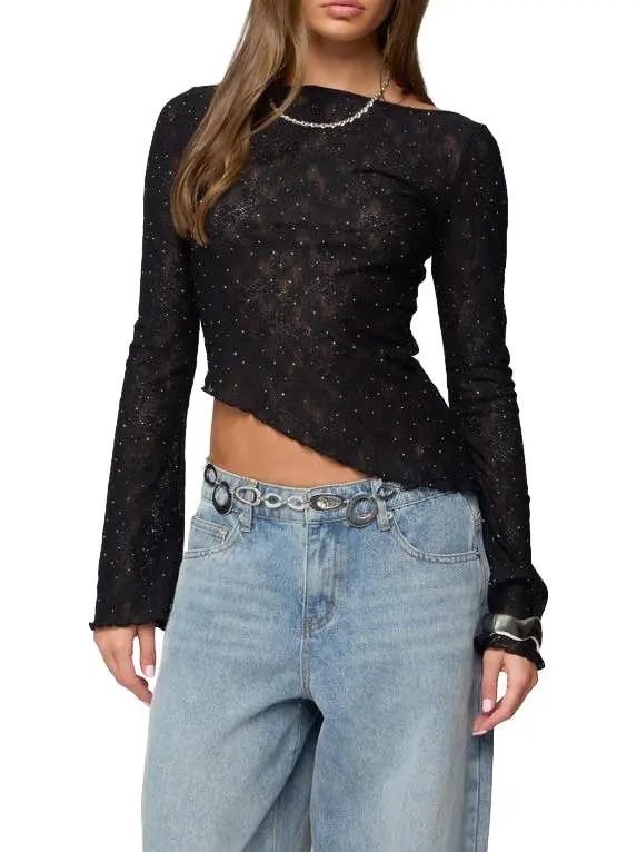 EDIKTED Mare Rhinestone Asymmetric Lace Top - Black