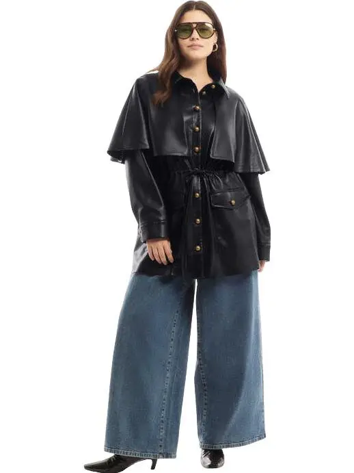 JUNE + VIE Faux Leather Cape Jacket - Black Onyx