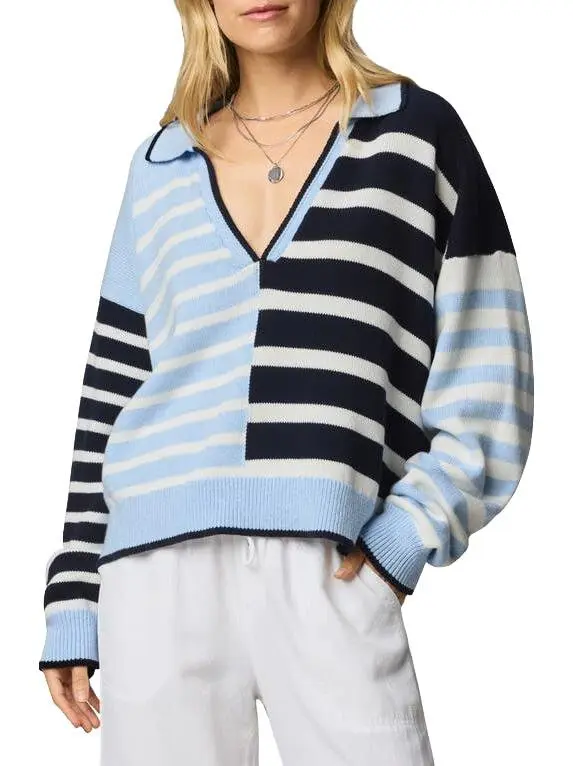 Splendid Arden Stripe Polo Sweater - Navy Blue/sea Breeze/white