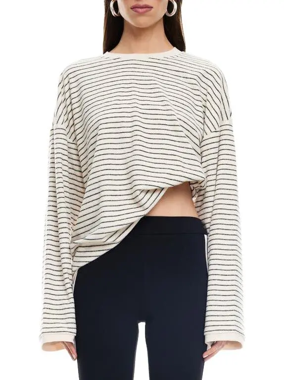 Lioness Bry Stripe Oversized Velour Top - Cream Noir Strip