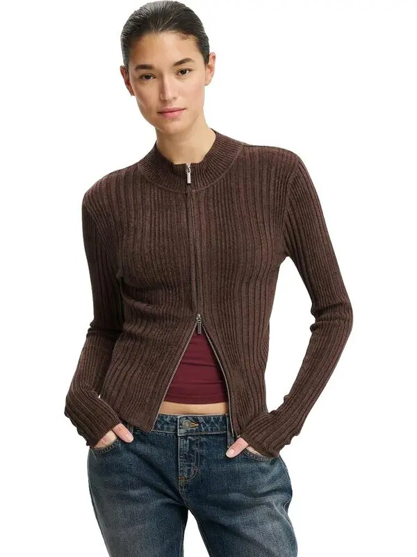 COTTON ON Variegated Ribbed Zip Through - American Oak