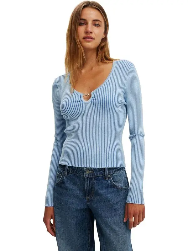 COTTON ON Two Tone Rib Keyhole Knit - Seaside Blue