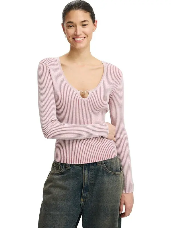COTTON ON Two Tone Rib Keyhole Knit - Vintage Rose