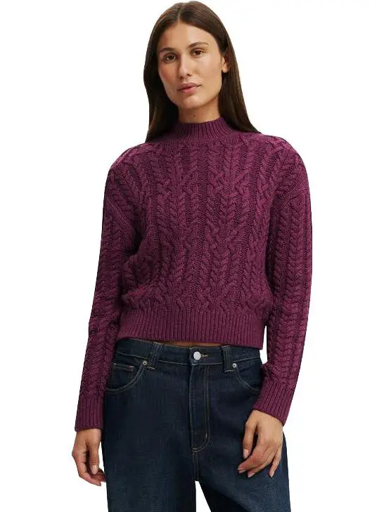 COTTON ON Boxy Mock Neck Cable Knit Sweater - Fig Noir