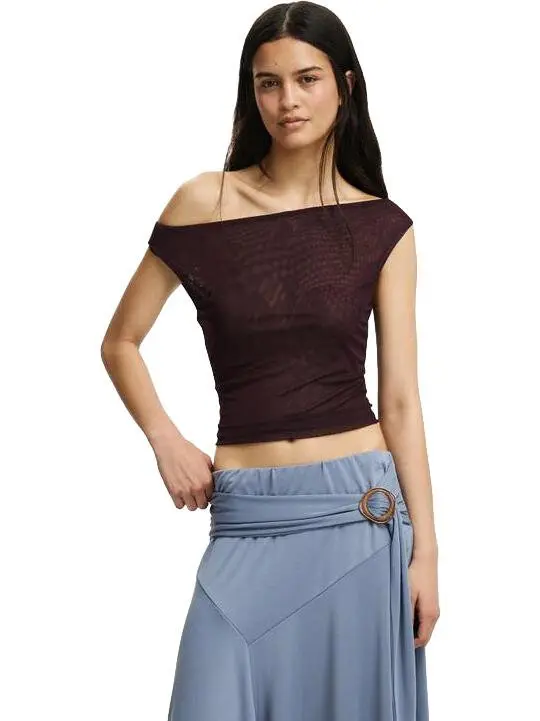 COTTON ON Gathered Mesh Off Shoulder Top - Noble Plum