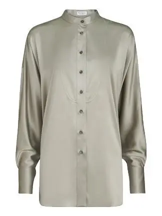 Brunello Cucinelli Mandarin-collar Stretch Silk Shirt - Olive