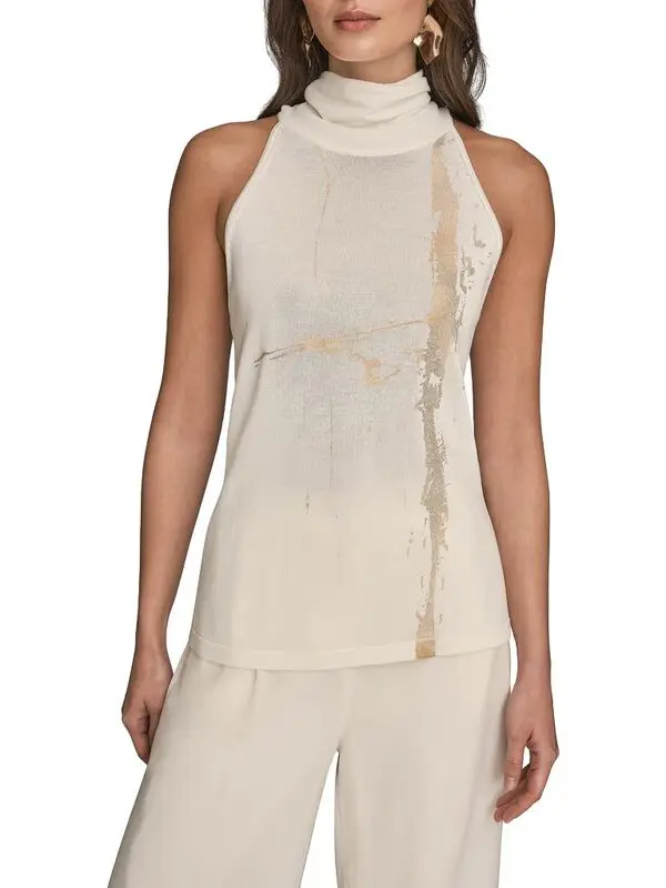 Donna Karan New York Abstract Print Sleeveless Cowl Neck Top - Cream