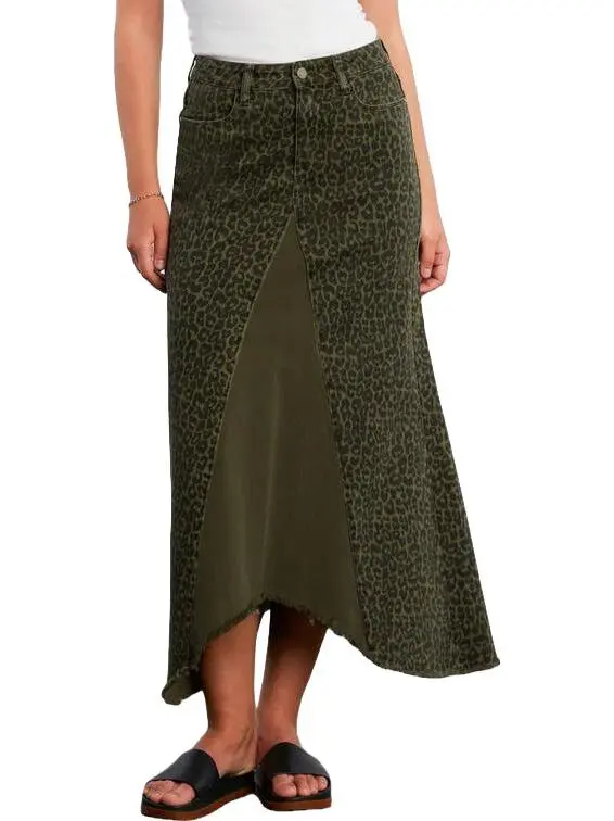 WASH LAB DENIM Leopard Print Pieced Denim Midi Skirt - Green Leopard